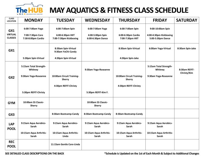 Fitness Class Schedule | The HUB Recreation Center