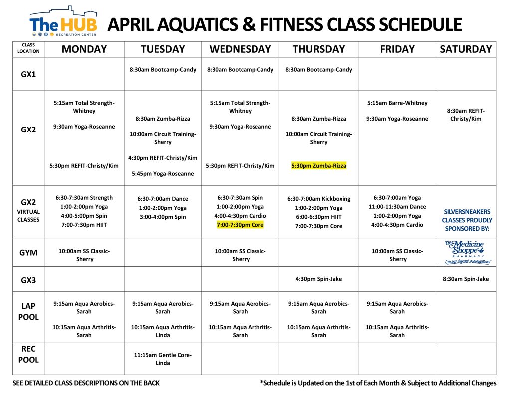 Fitness Class Schedule | The HUB Recreation Center